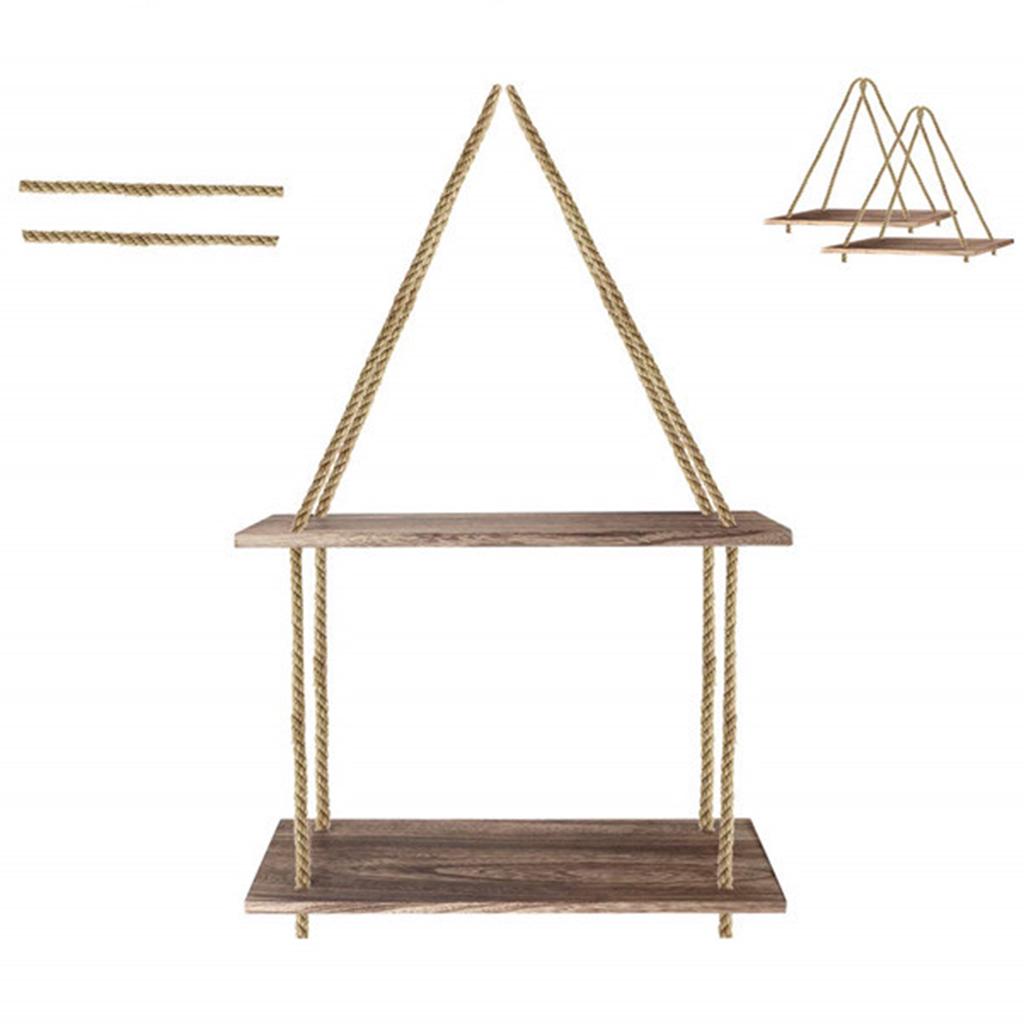 Buy 2 Tier Wood Hanging Swing Rope Floating Shelf Rack Rustic Wall ...