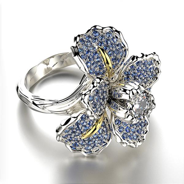 Luxury High Quality Blue Crystal Blooming Flowers Ring CZ Stone Women Engagement Ring uygun ...