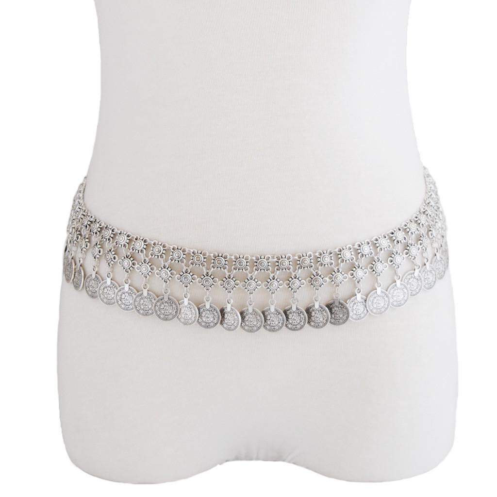 Buy Vintage Style Silver Metal Coin Belly Chain Tassel Long Waist Chain ...