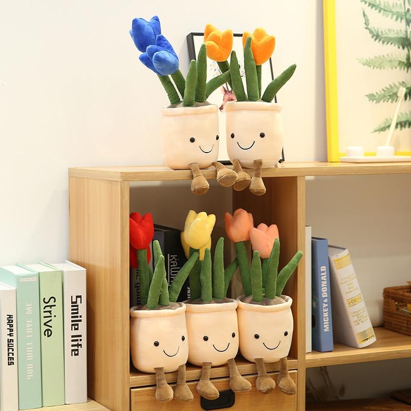 Smiling Potted Plant Plush Toy Happy Cactus Plushie Lifelike Tulip ...