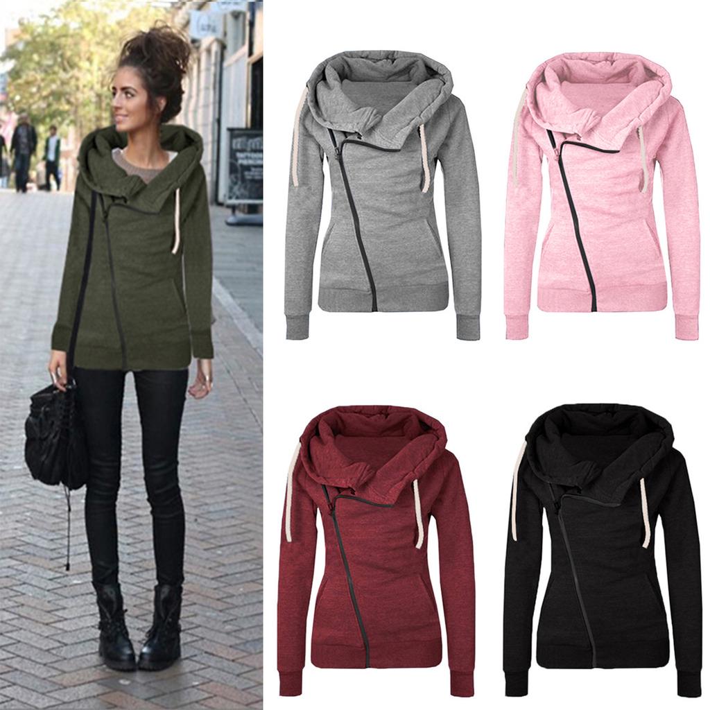 Buy Side Zipper Coat Women Lapel Collar Sport Hooded Sweatshirts Autumn ...