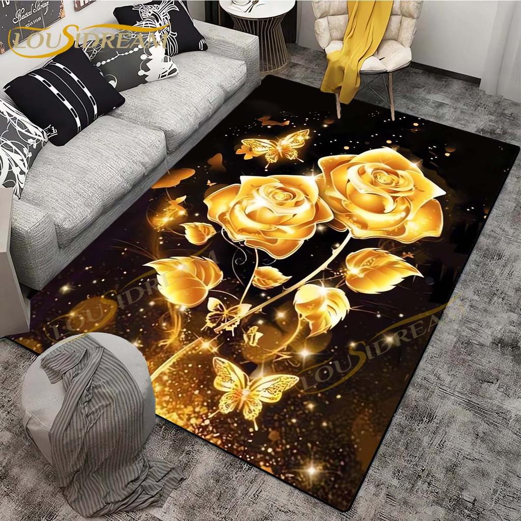 Cheap 3D Red Roses with Gold Leaves Carpet Luxury Gold Rose Rugs for ...