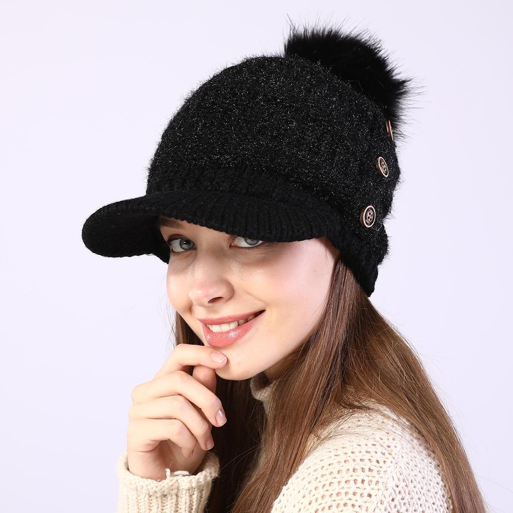 Winter Warm Peaked Cap Dam Kintted Tjock Hat med Pompom Cykelkepsar med ...