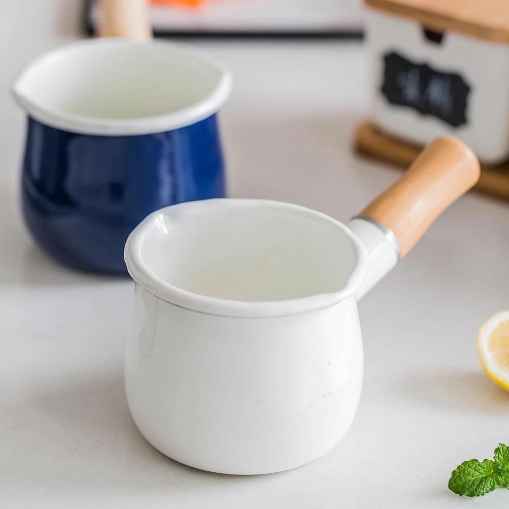 Cheap 500ml Mini Enamel Coffee Milk Pot With Wooden Handle Saucepan ...