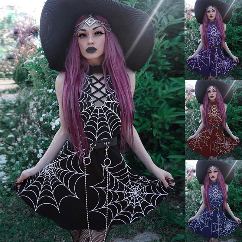 Buy Women's Gothic Cobweb Print Sleeveless Dress Halloween Cosplay ...