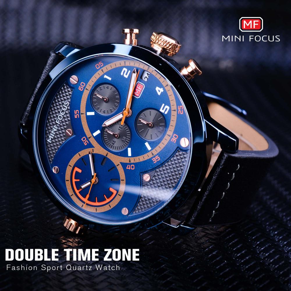 Buy Big Dial Leather Strap Sport Watch Date Waterproof Double Dial Blue ...