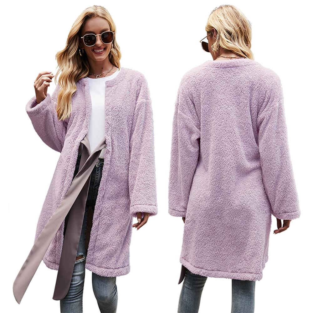 Buy Women's Fleece Long Coat Lace Up Long Sleeve Cardigan Winter Casual ...