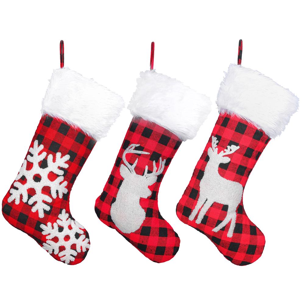 Buy Christmas Stockings Candy Apple Sock Plush Plaid Fabric Xmas Tree ...