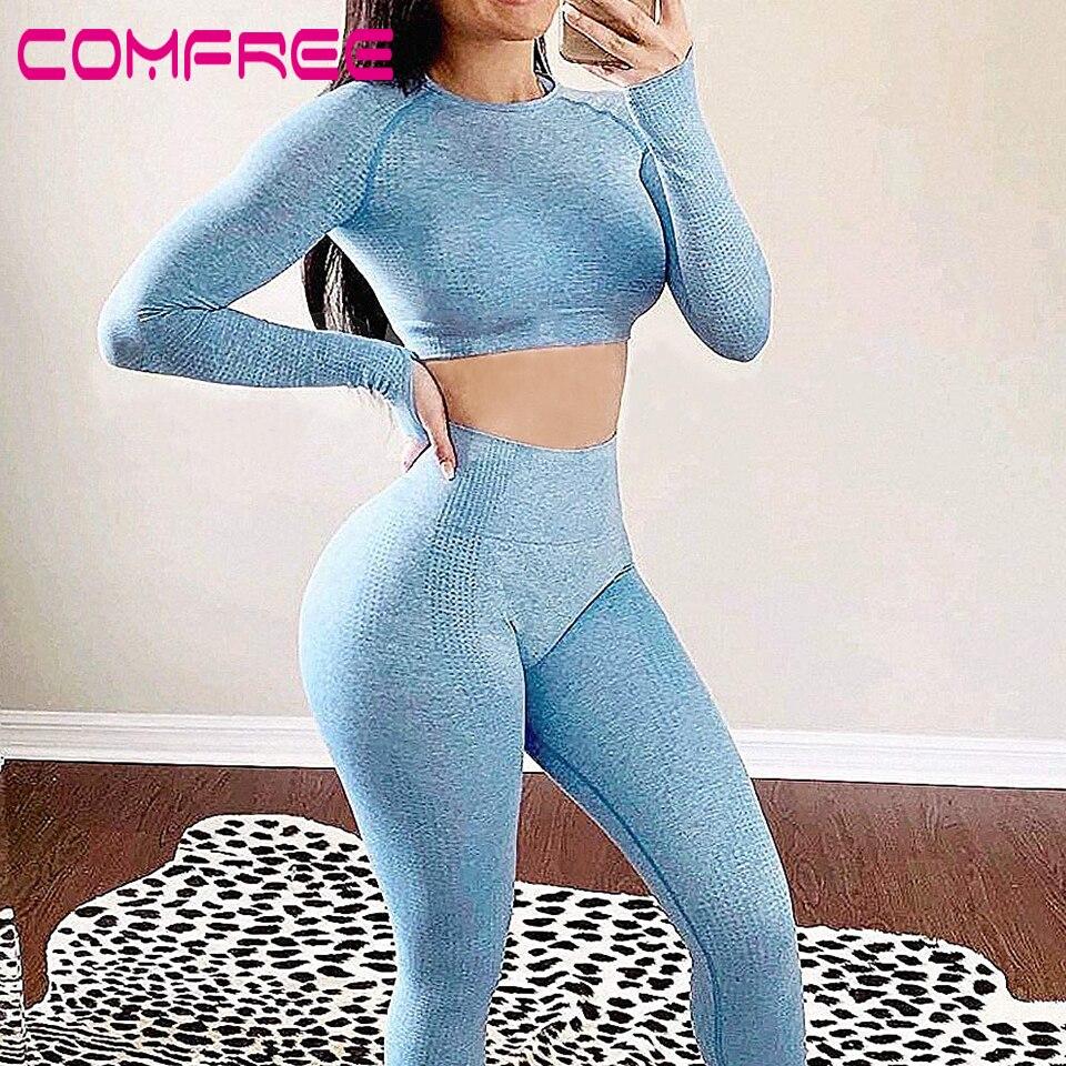 Buy Yoga Set Women 2pcs Sport Suit Gymwear Workout Outfits Long Sleeve Fitness Crop Top High ...