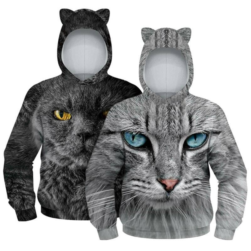 Kids Boys Girls 3D Cat Printed Hooded Sweatshirt with Ear Pullove ...