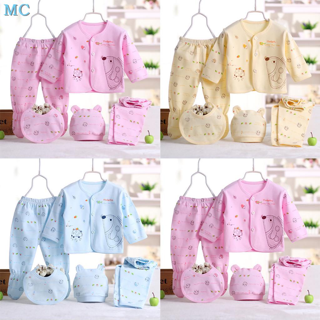 Cheap 5PCS Newborn Baby Boy Girl Cartoon Printing Long Sleeve Tops+Hat+Pants +Bib Outfit Set | Joom