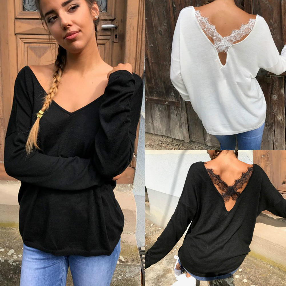 Women Sexy Backless T-Shirt V Neck Long Sleeve Eyelash Lace Splice ...
