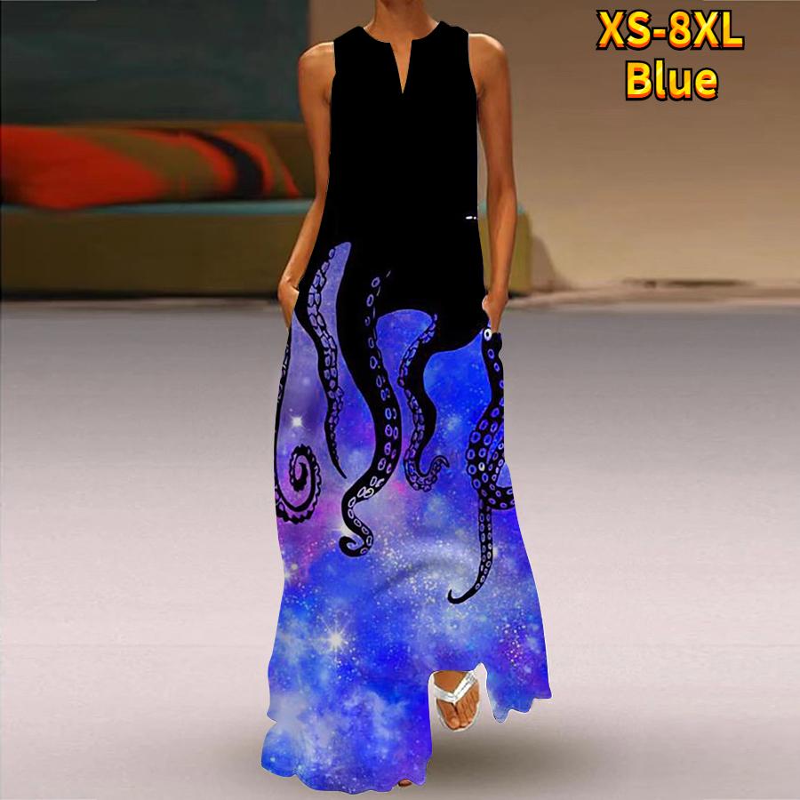 Buy Maxi Long Dress Sleeveless Flower Colorful Sea Water and Black ...