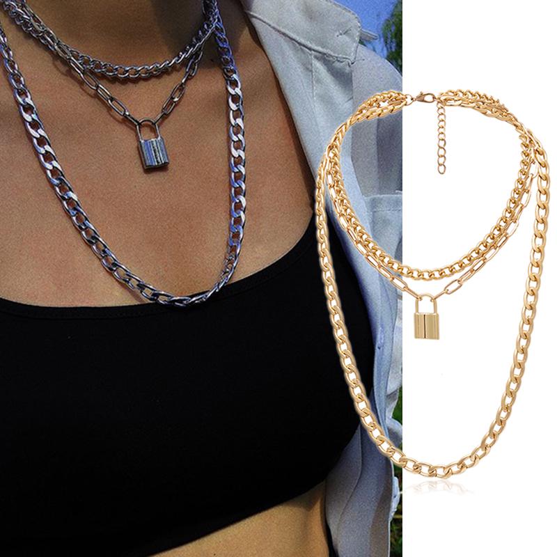 Women's Multilayer Lock Pendant Punk Chunky Necklace Hip Hop Chain ...