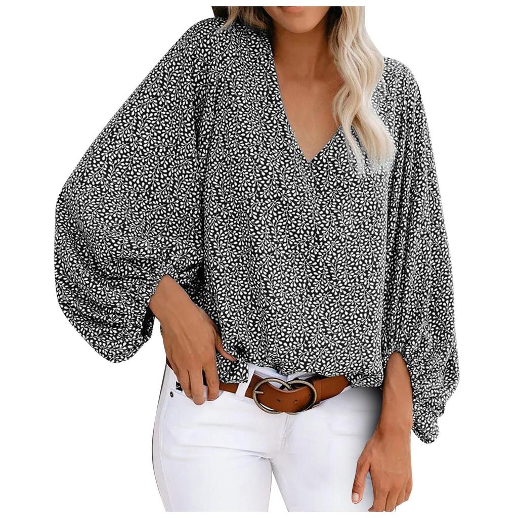 Buy Women's Casual Loose Print Blouse V-neck Lantern Sleeve Tops at ...