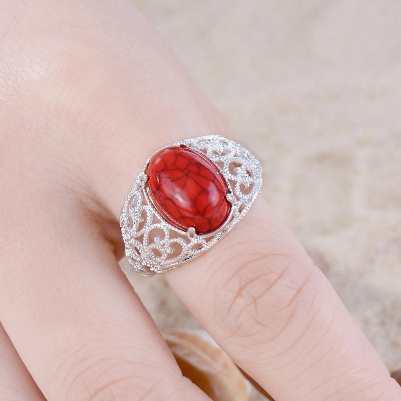 Buy SHUANGR Round Red Blue Turquoise Finger Ring for Women GIrls Bridal ...