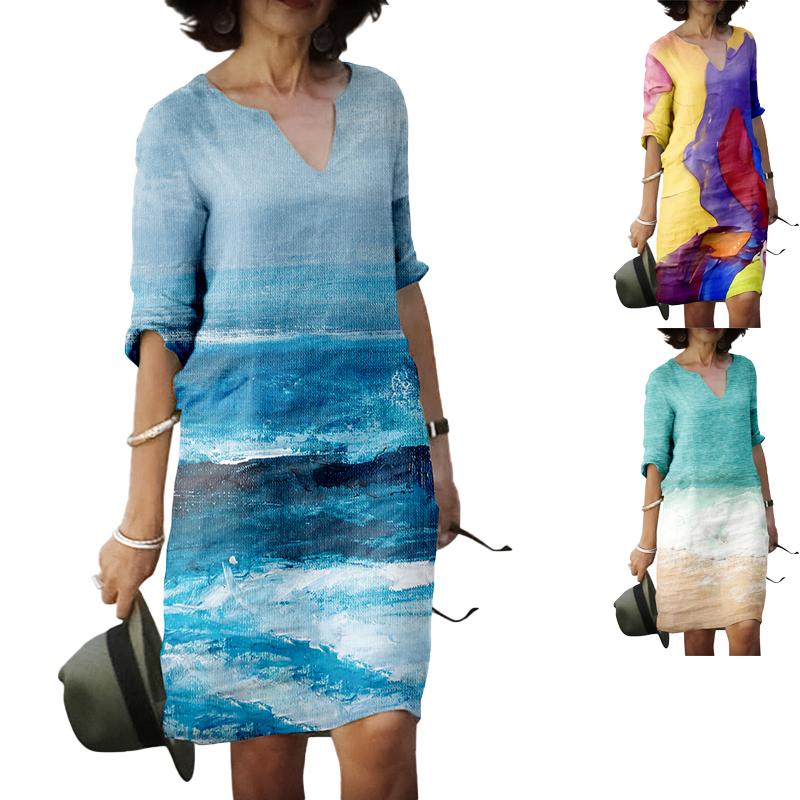 Buy Summer Casual Women Tide Water Print Crew Neck Pullover Dress at ...