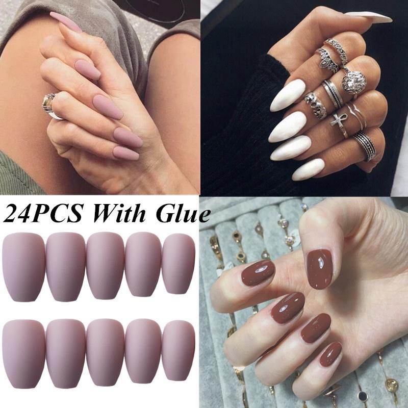 Buy 24pcs Matte Fake Nails With Glue Full Cover Women False Nail Tips ...