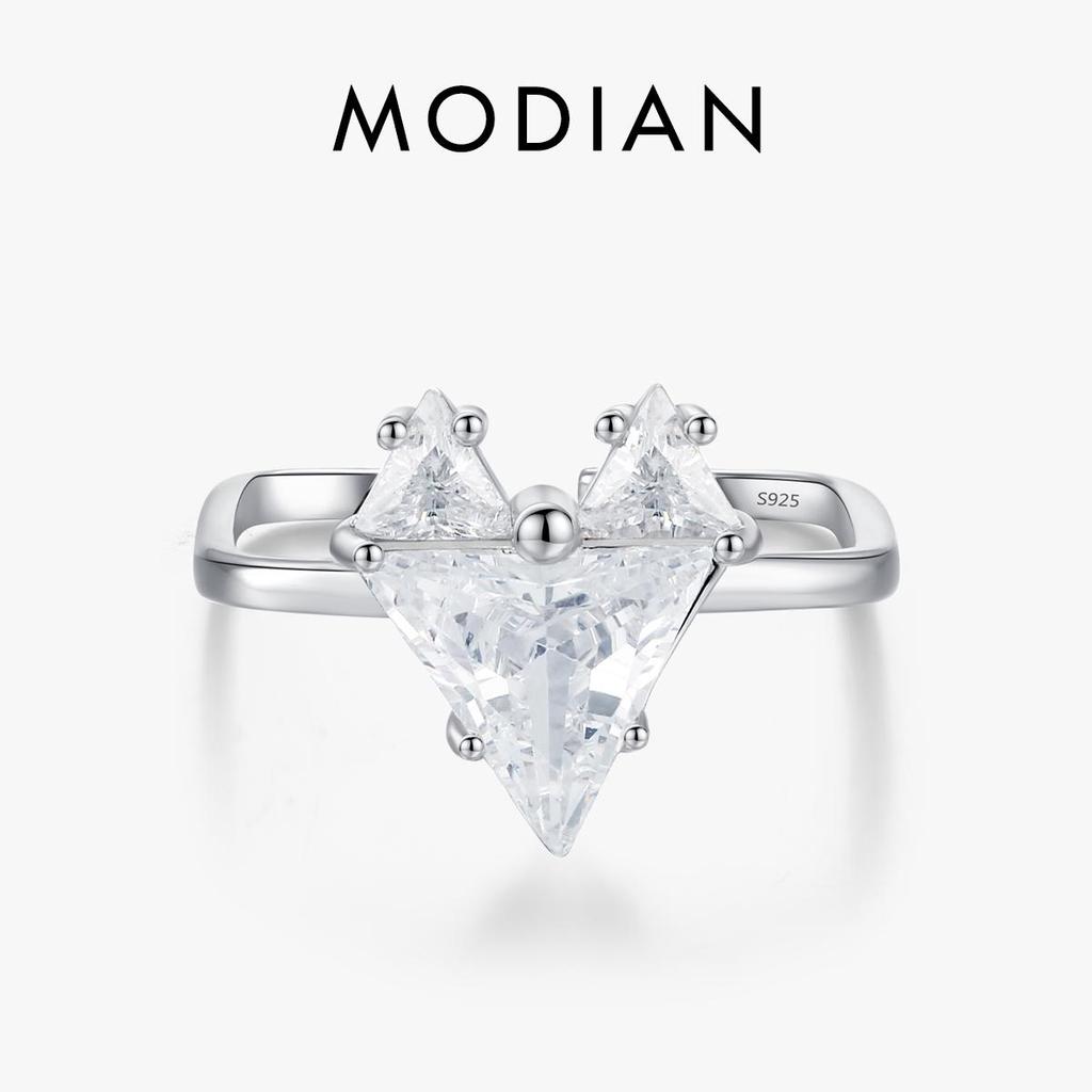 MODIAN 925 Sterling Silver Love Hearts Triangle CZ Opening Size 6-9 Ring Romantic Adjustable ...