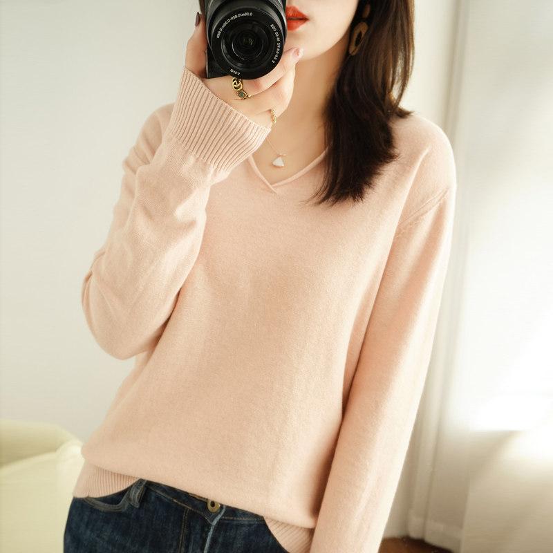 Female Round Neck Bottom Sweater Loose Long Sleeve Sweater Solid Color ...
