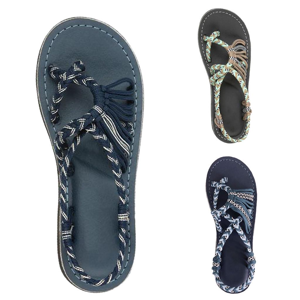 Buy Women Hemp Rope Flip Flops Cross-tied Sandals Roman Beach Shoes ...