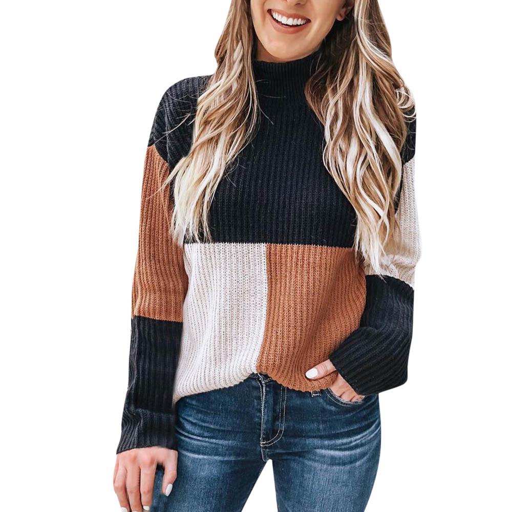 Women Colorblock Stand Long Sleeve Knitted Sweater Jumper Pullover Top ...