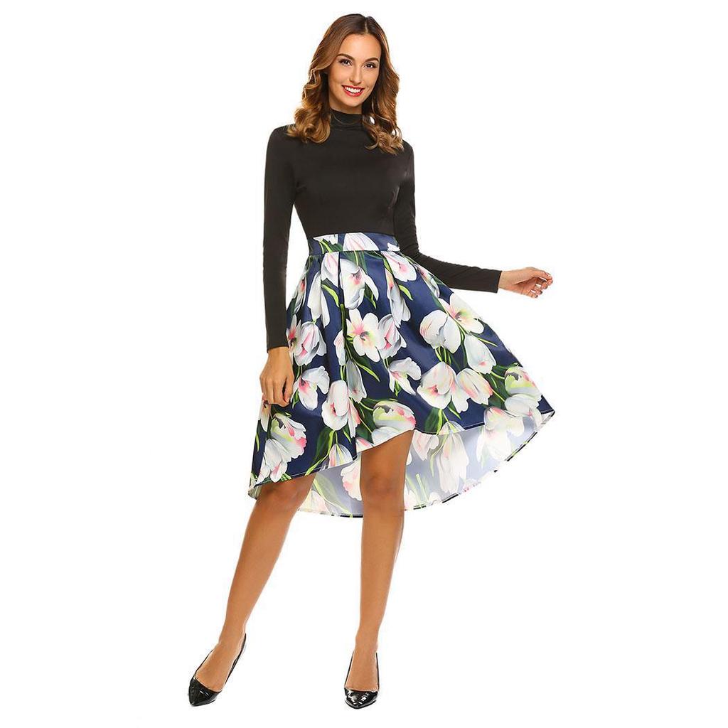 Buy Women Fashion Mock Neck Long Sleeve Patchwork Floral Pleated A-Line ...
