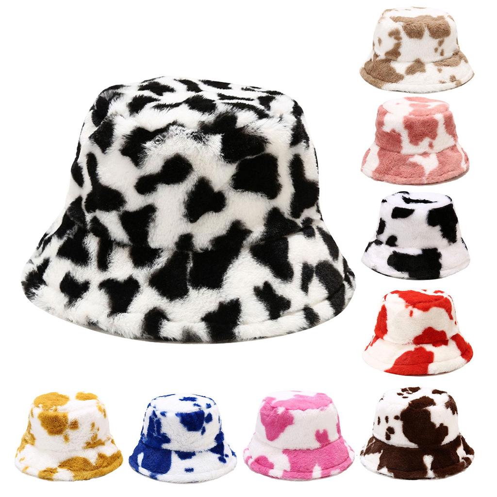 💰Koupit online: Dairy Cow Print Bucket Fisherman Hat Plush Winter Warm ...