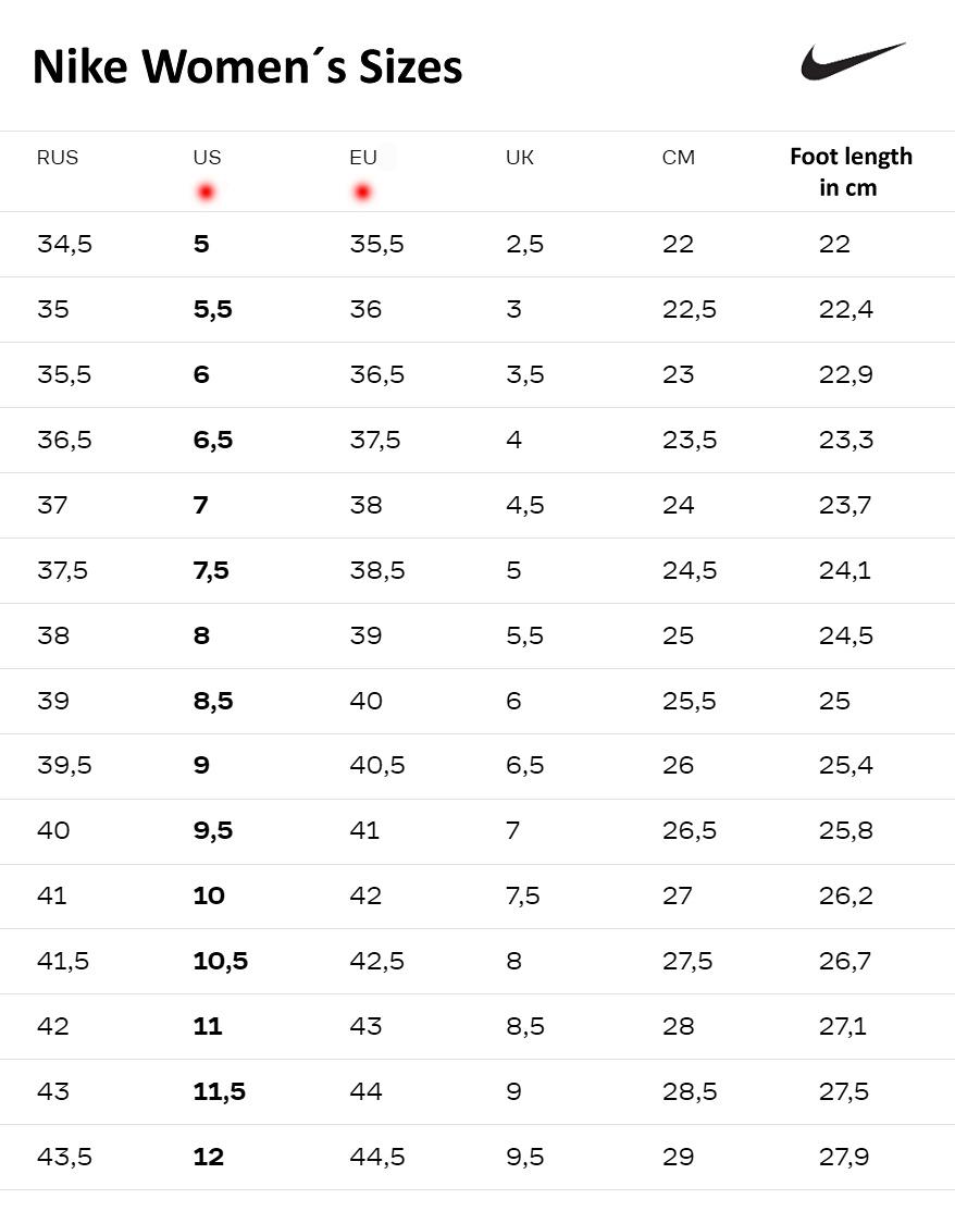 Nike Womens Shoe Size Chart