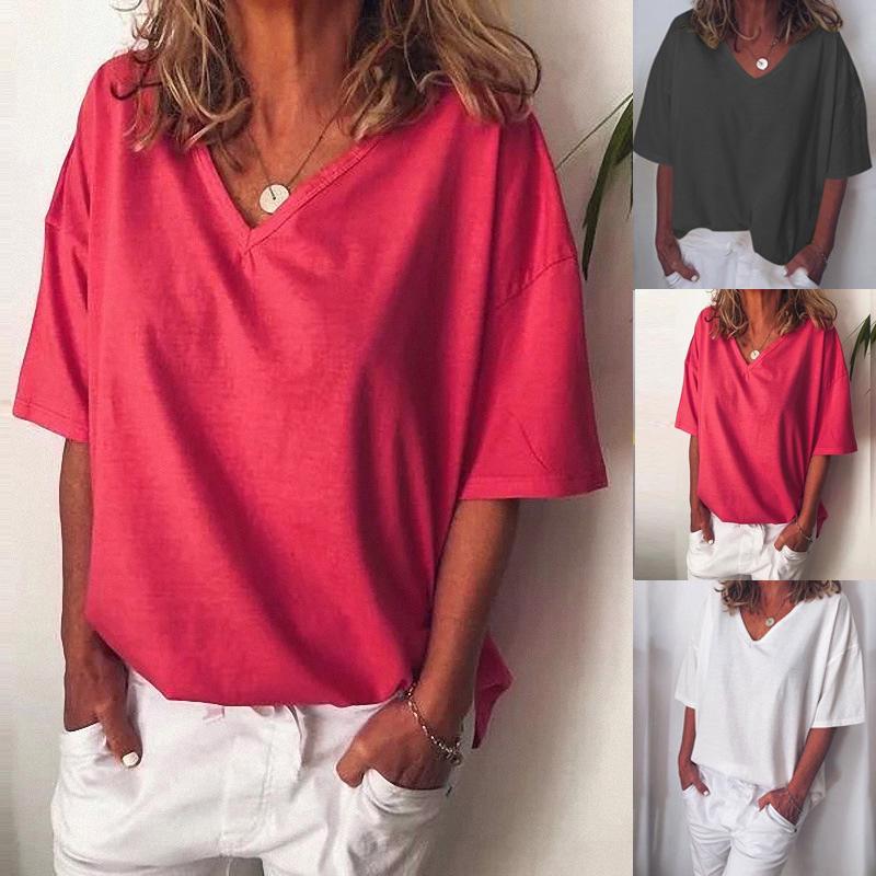 Buy Women Summer Tops Ladies Casual Solid Color V-neck Short Sleeve ...