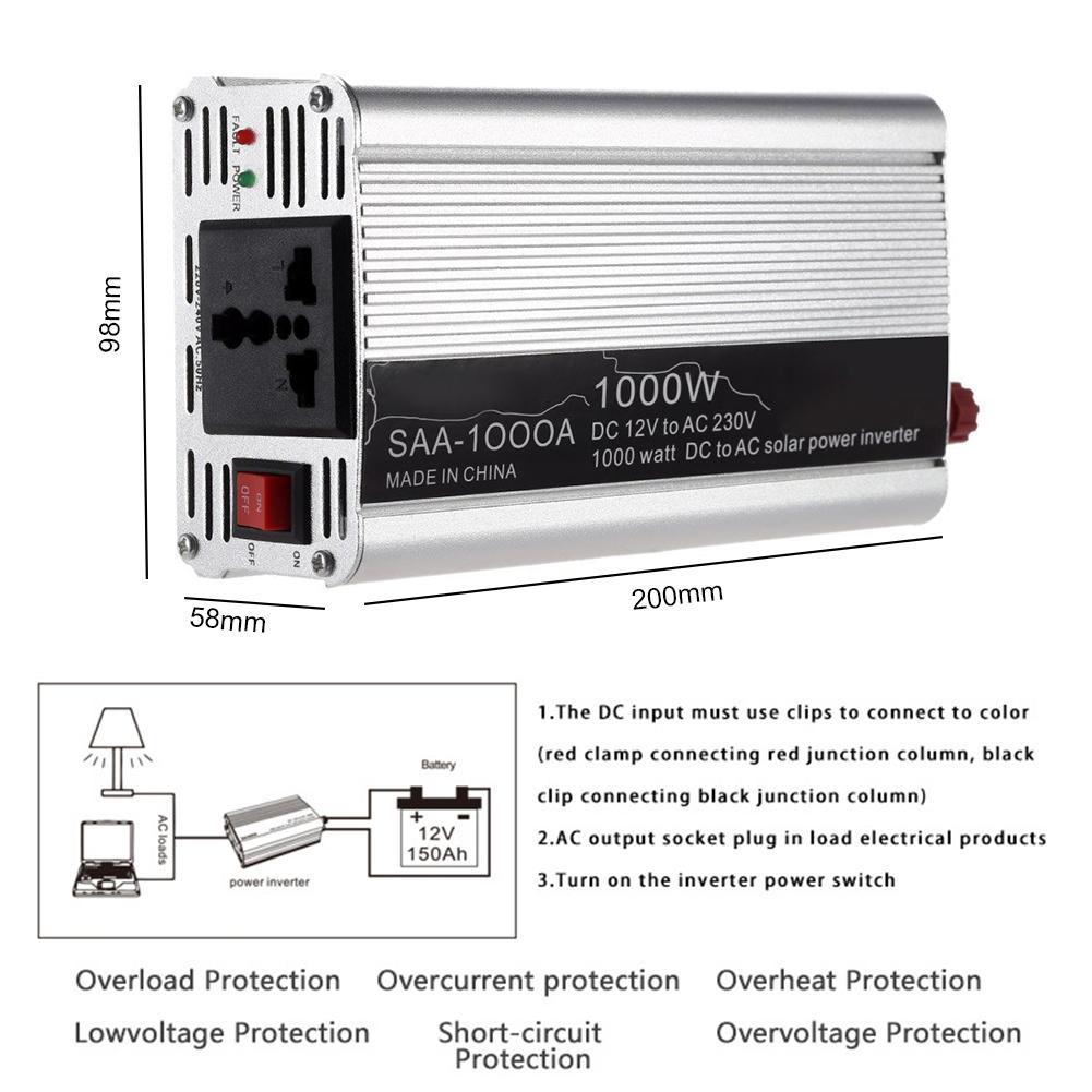 1000W Peak Car Power Inverter DC 12V/24V to AC220V Charger Converter ...