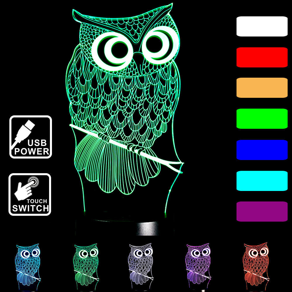 Buy Touch 3D Owl LED Night Light 7 Color Change LED Table Desk Lamp ...