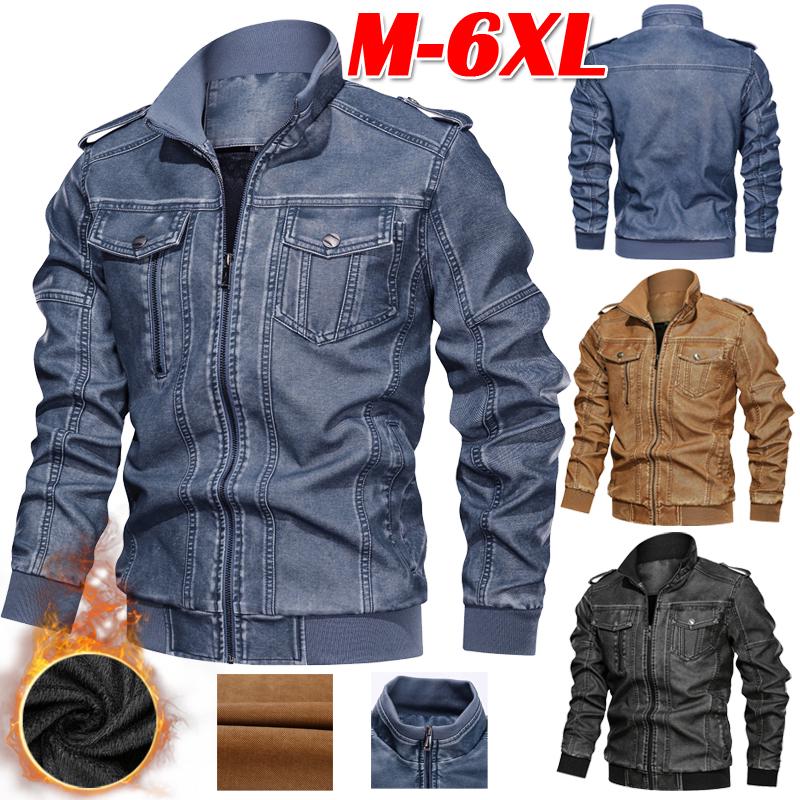 M-6XL Plus Size Men's Pu Leather Washed Jacket Motorcycle Leather ...