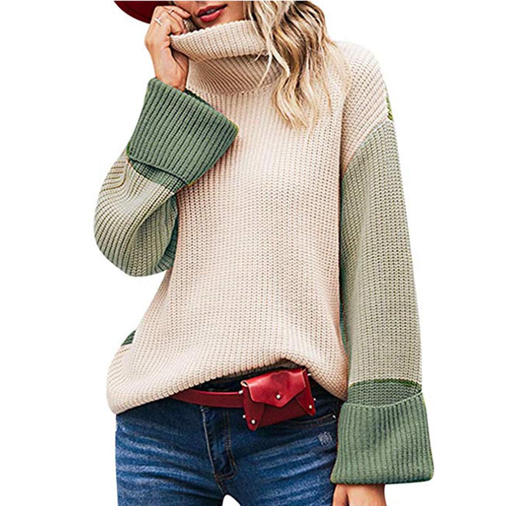 Buy Aominuo Women Knitting Pullover Casual Colour Stitching Long Sleeve ...