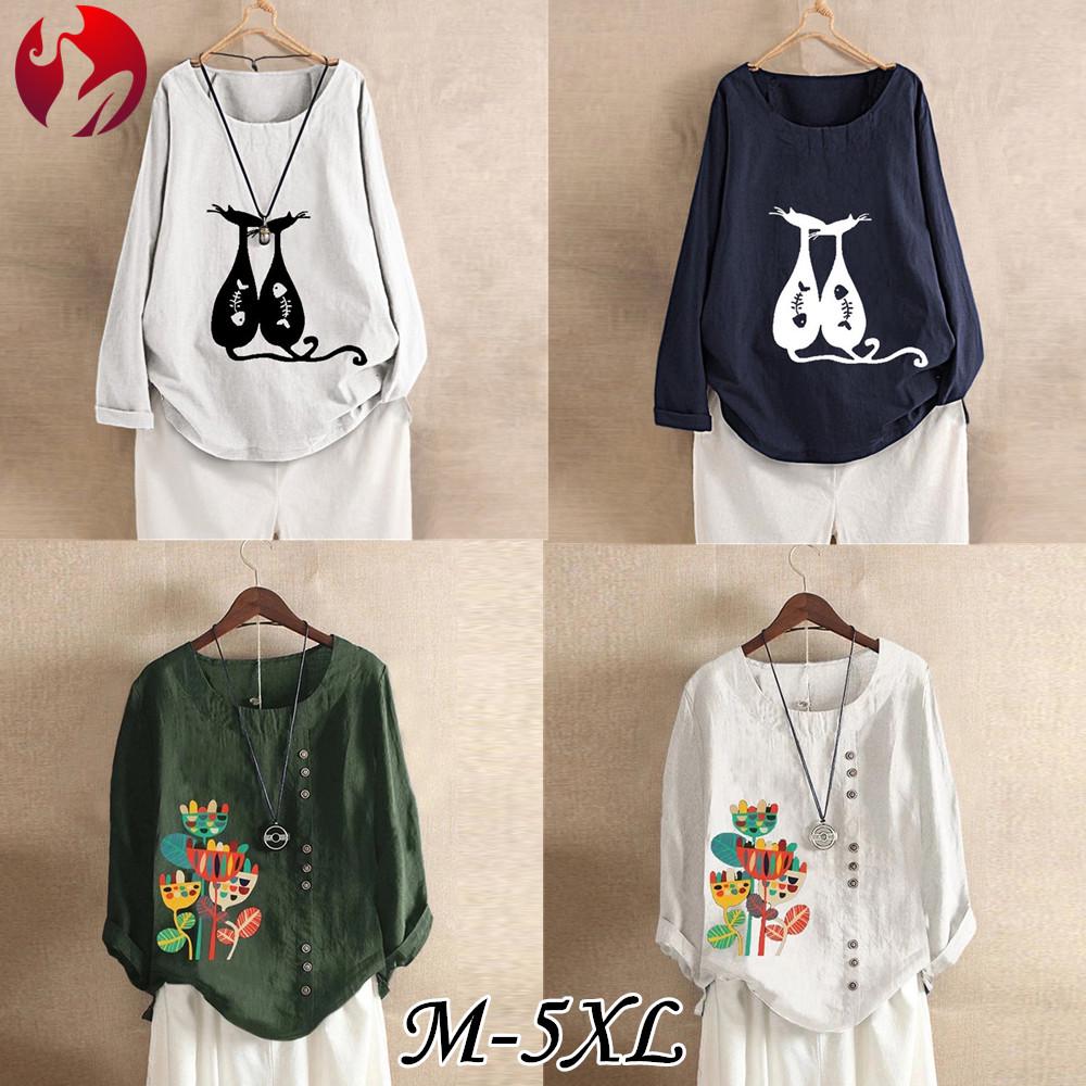 Buy Women Casual Cotton And Linen Cats Print Long Sleeves O-Neck Loose ...