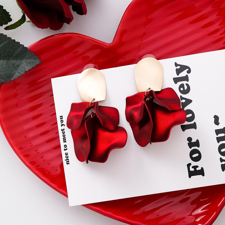 Buy Sweet Exaggerated Red Rose Petal Tassel Earrings Vintage Sexy Long ...