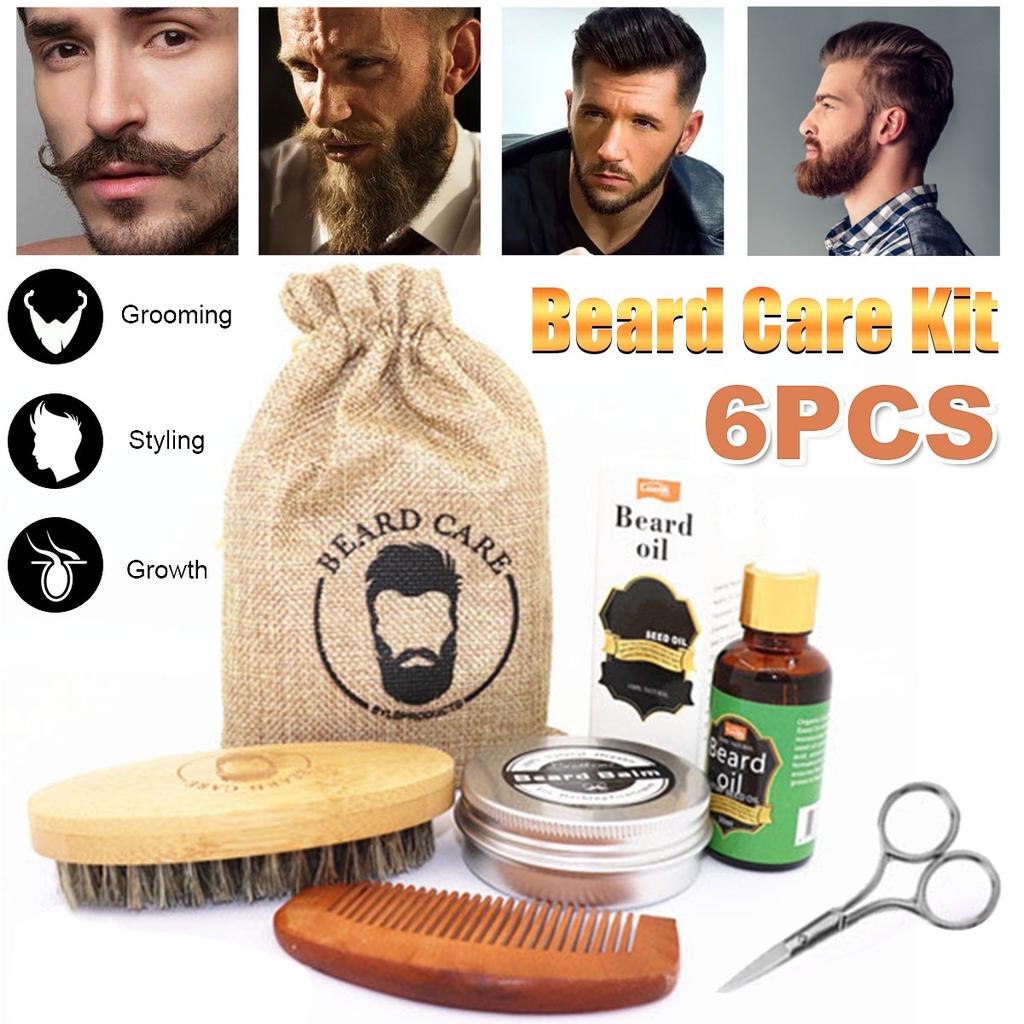 6Pcs Beard Care Kit Beard Grooming Oil Beard Balm Comb Brush Scissors ...