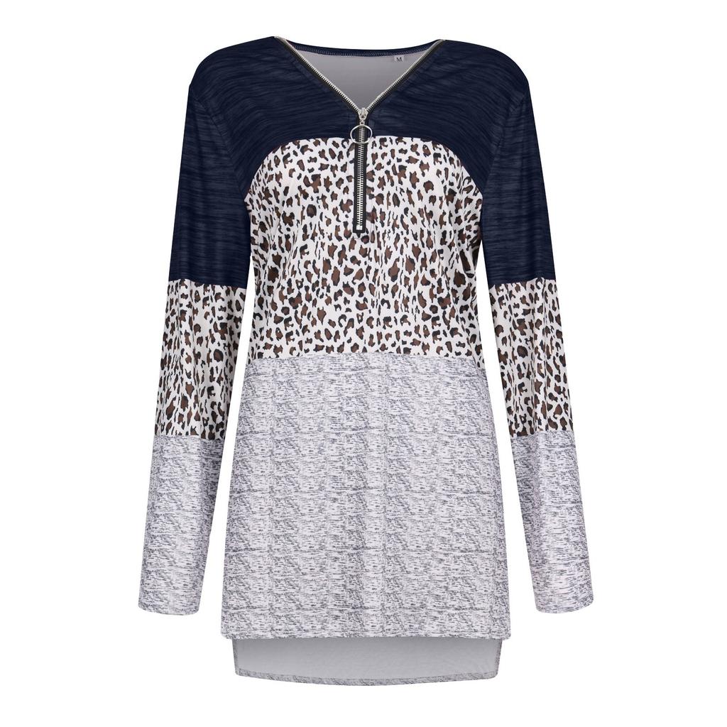Women'S Top Loose V-Neck Zipper Leopard Print Long-Sleeved T-Shirt ...
