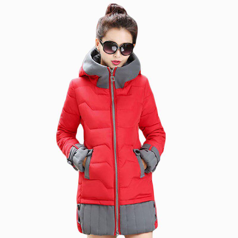 Women Winter Jacker Plus Size Mid-Length Spliced Hooded Slim Thick Warm Female Parkas Cotton ...