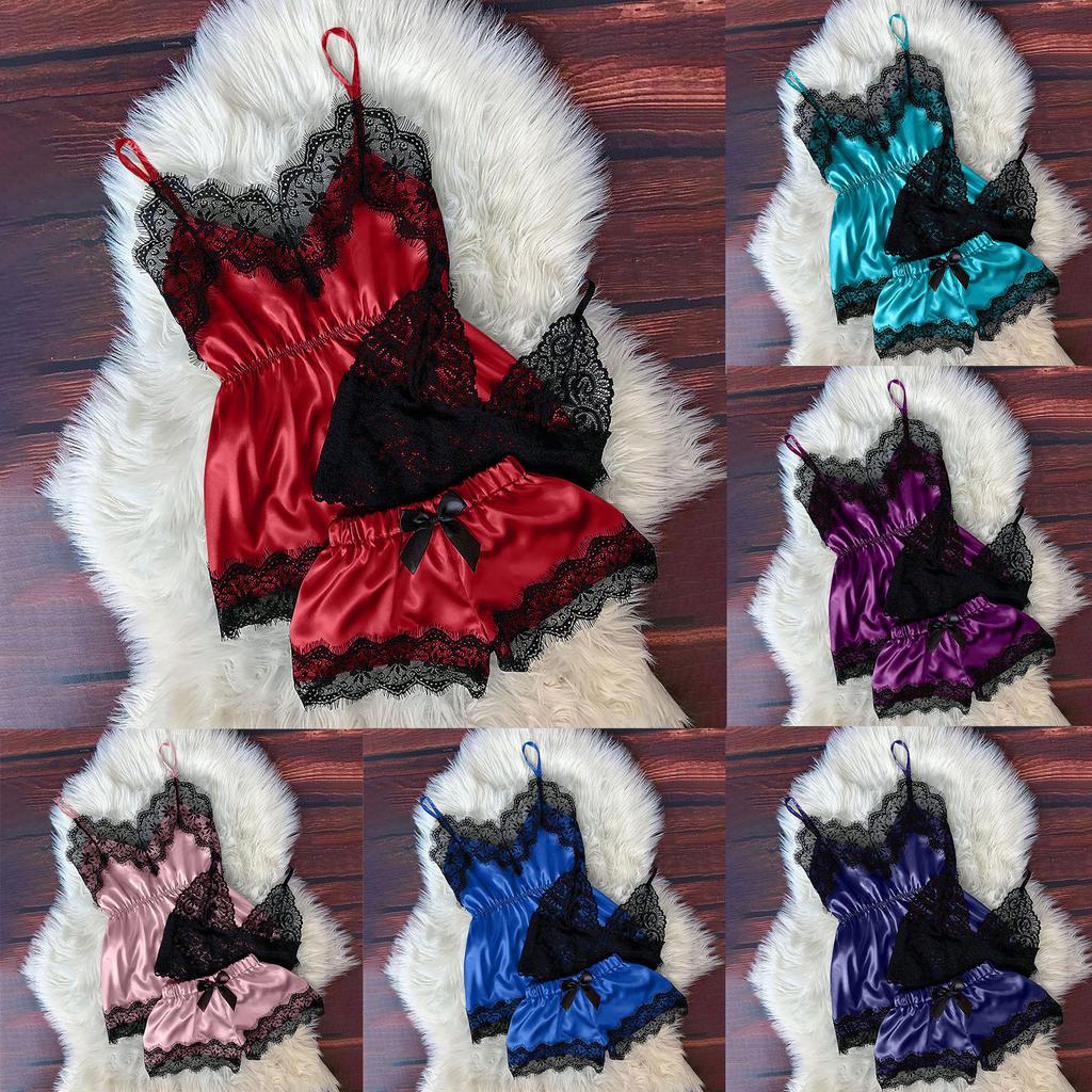 Buy Women V-Neck Eyelash Lace Stain Camisole Pajamas Bowknot Shorts Set ...