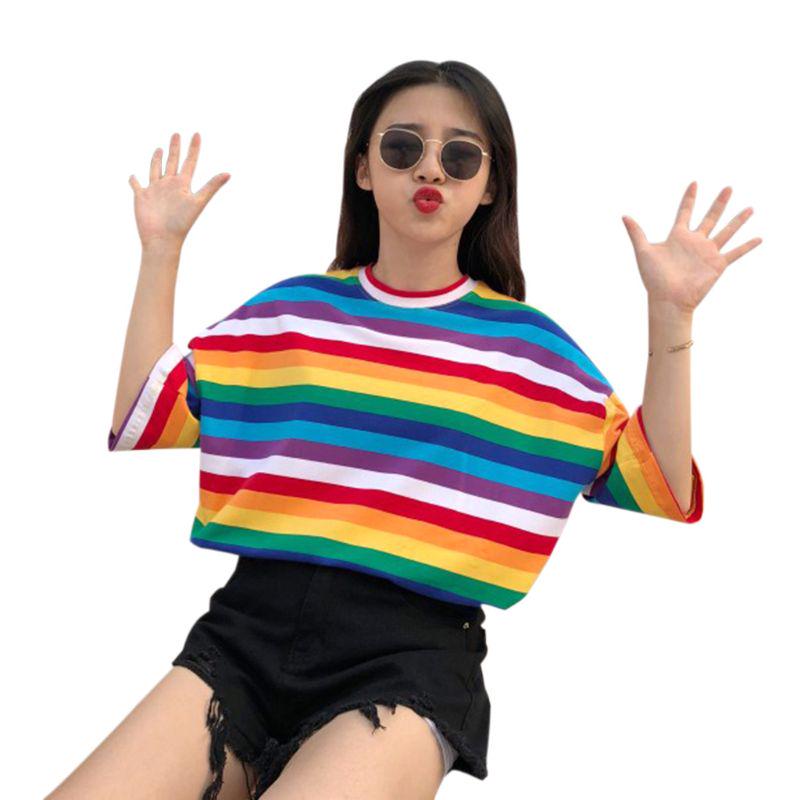 Women Girls Rainbow Striped Half Sleeve T-Shirt Summer Contrast Color ...