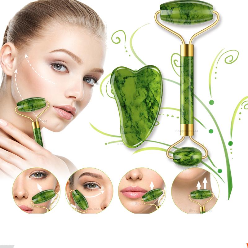 Buy 2pcs Massager For Face Jade Roller Set Green Facial Natural Gouache ...
