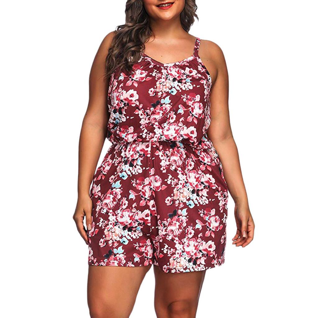 Buy Women Summer Plus Size Solid Sleeveless V-Neck Rompers Short ...