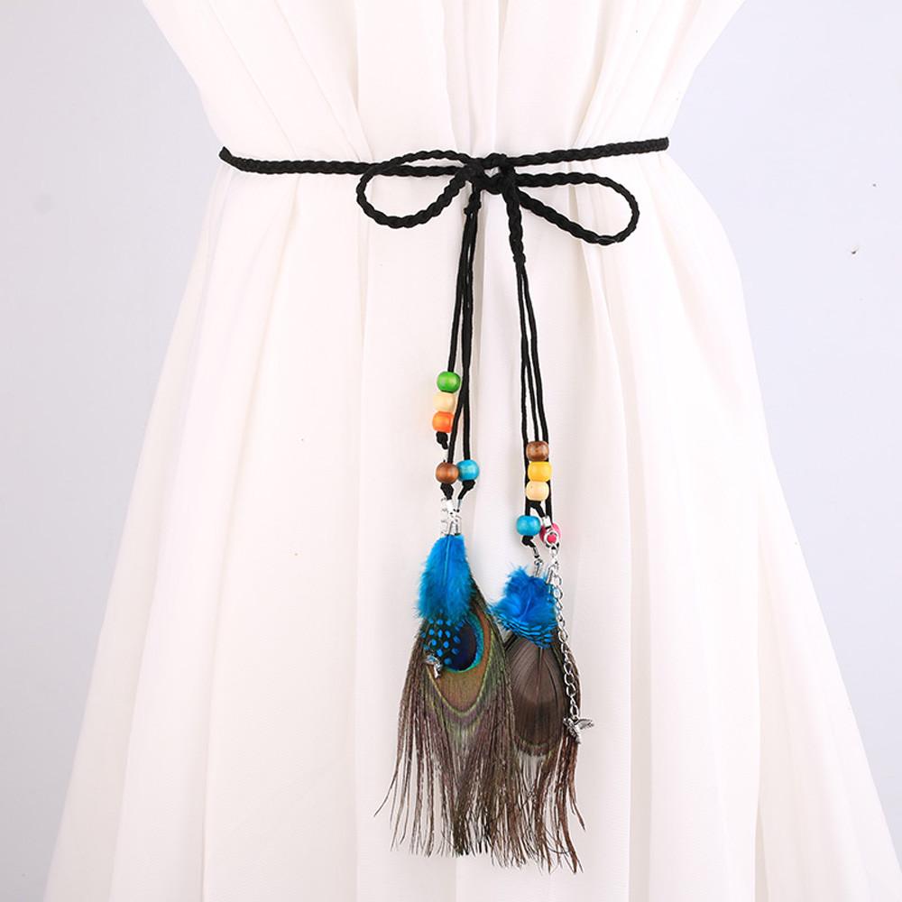 Buy Women Fashion Folk-Custom Peacock Braided Feather Waist Belt at ...