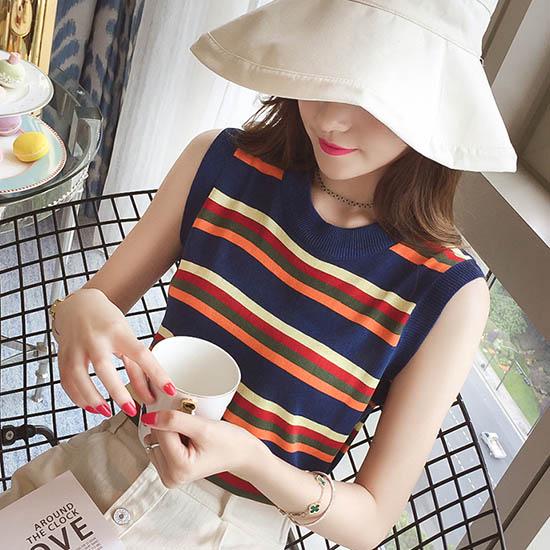 Knit Vests Women Striped Sleeveless Round Neck Slim Fit Summer Vintage ...