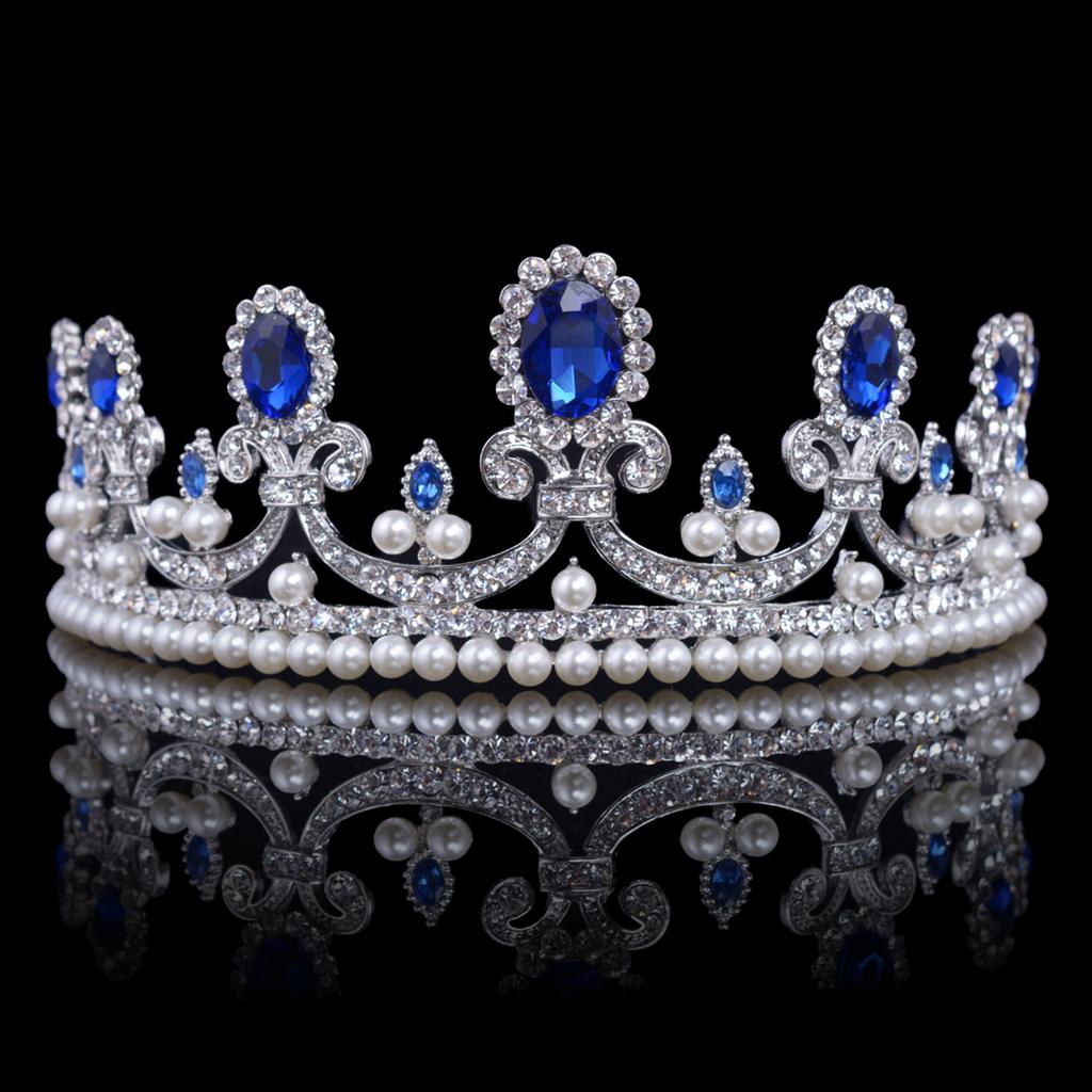 Buy Blue Crystal Rhinestone Bridal Tiara Princess Pearls Crown Wedding ...