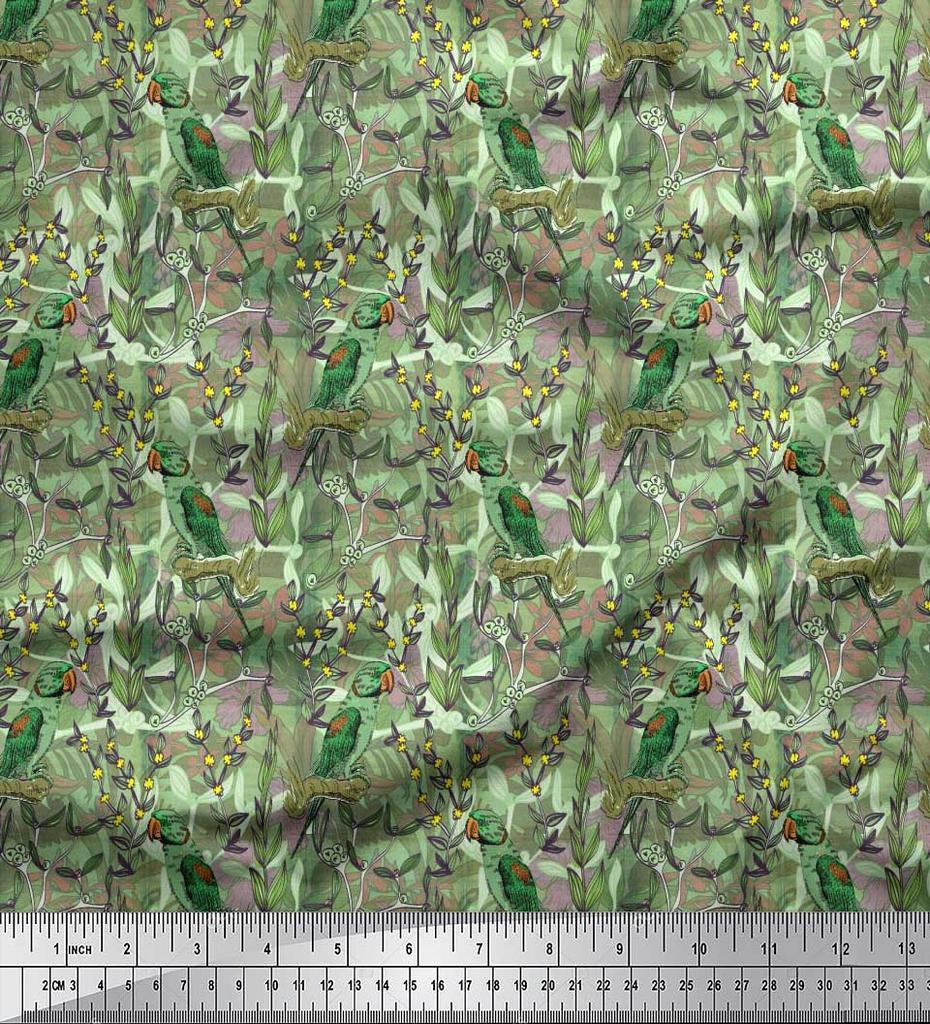 Cheap Soimoi Green Poly Crepe Fabric Leaves| & Parrot Bird Print Fabric ...