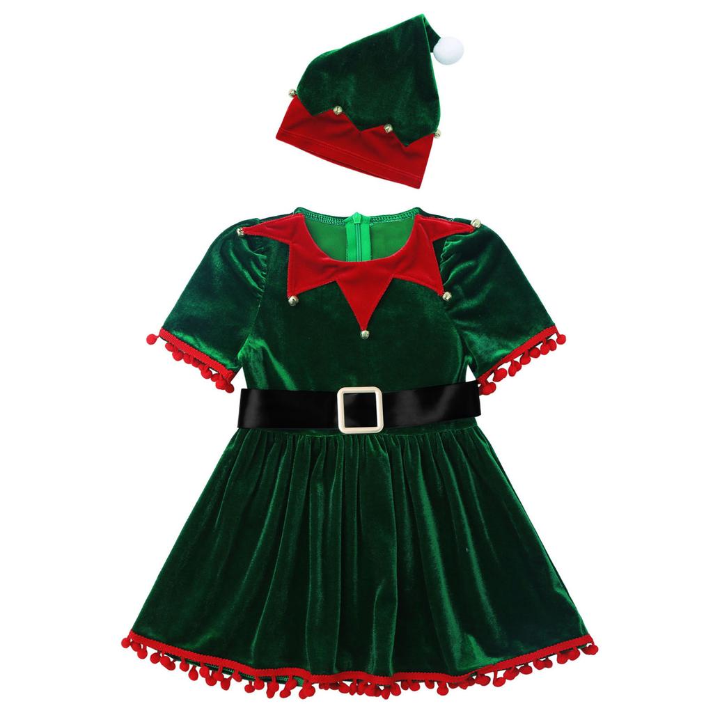 Buy Kids Girls Christmas Holiday Elf Costume Dress Velvet Long Sleeve ...