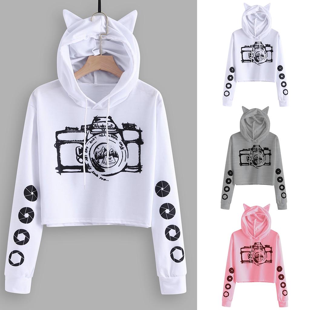 Buy MB Women's Fashion Long Sleeve Print Cat Ear Hoodie Sweatshirt ...