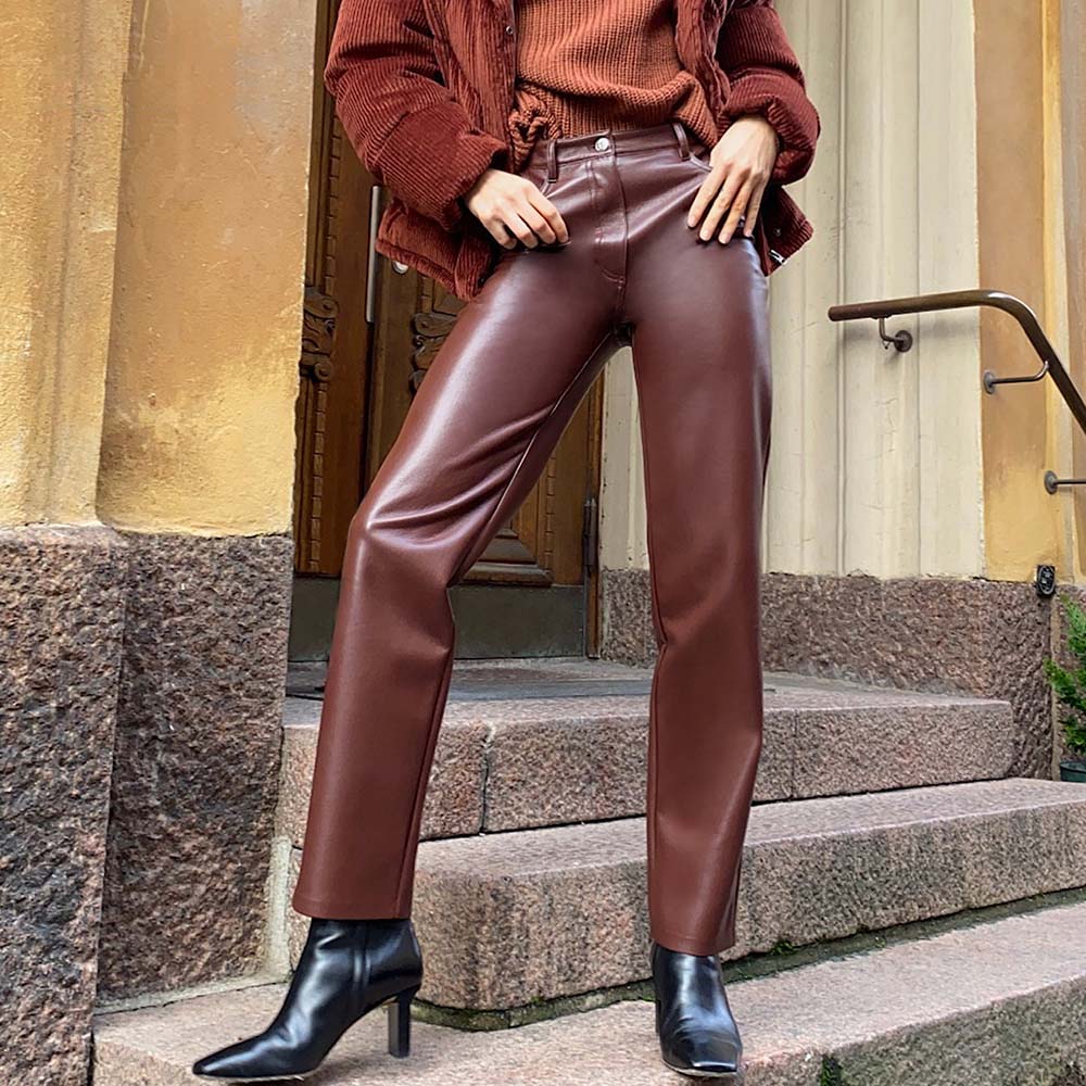 Buy Faux Leather Straight Leg Pants High Waist Spring Brown Slacks for ...